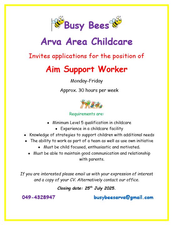 JOB VACANCY! Busy Bees Arva Area Childcare - Cavan CC